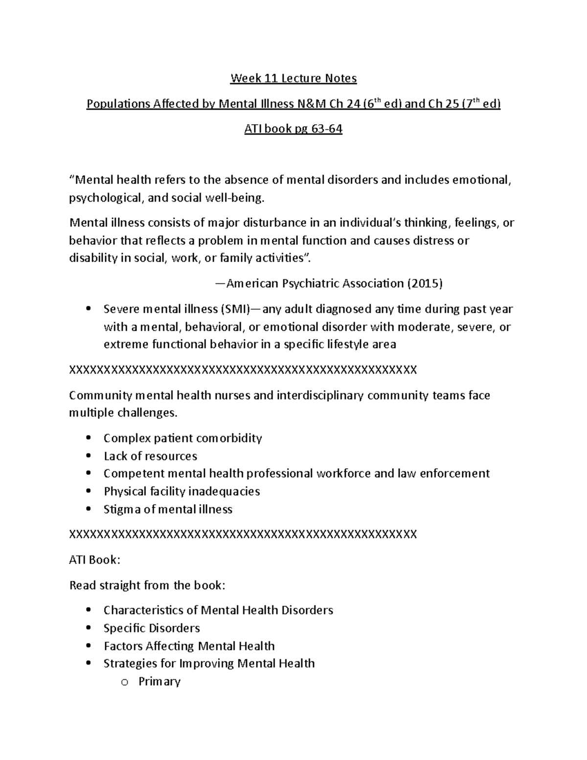 N421.Lecture Notes.Mental Illness Pt 2 - Week 11 Lecture Notes ...