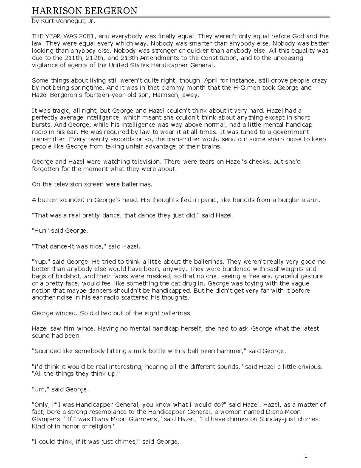 Harrison Bergeron - Short story used for summarizing practice ...