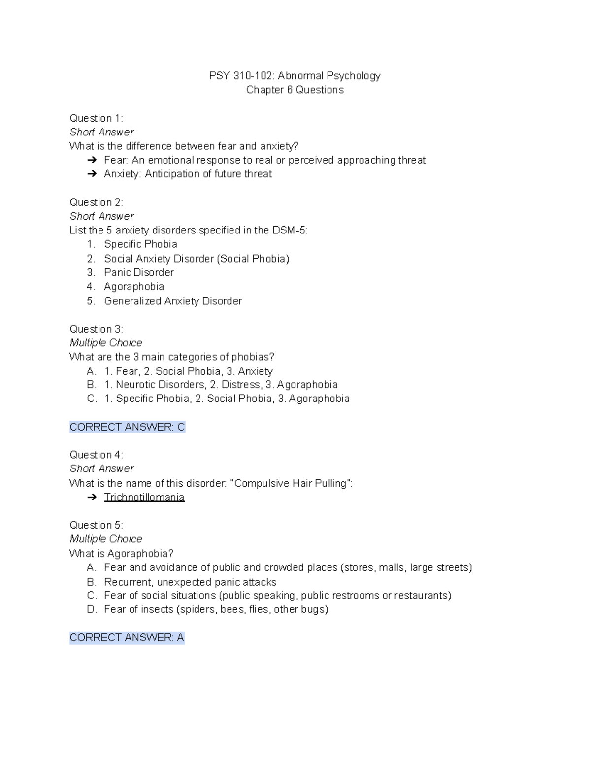 Chapter 6 Questions AB PSYC - PSY Abnormal Psychology Chapter 6 ...