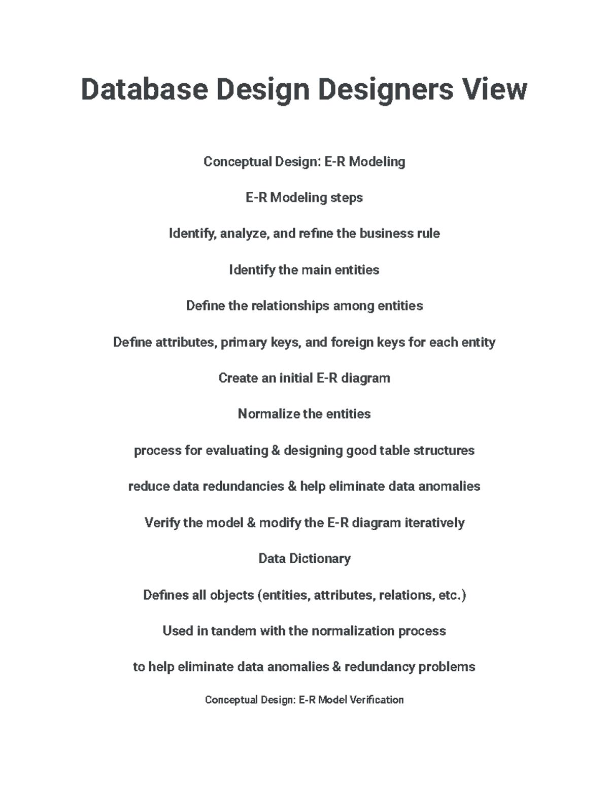 Database Design Designers View - Database Design Designers View Conceptual Design: E-R Modeling ...