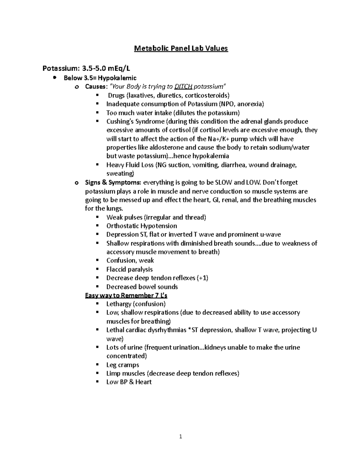 Cheat sheet - NCLEX NOTES - Metabolic Panel Lab Values Potassium: 3.5-5 ...