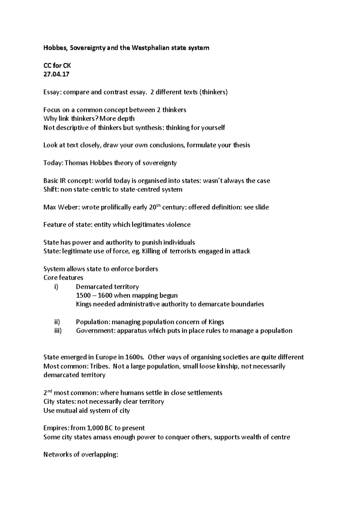 Lecture notes all - Hobbes, Sovereignty and the Westphalian state ...