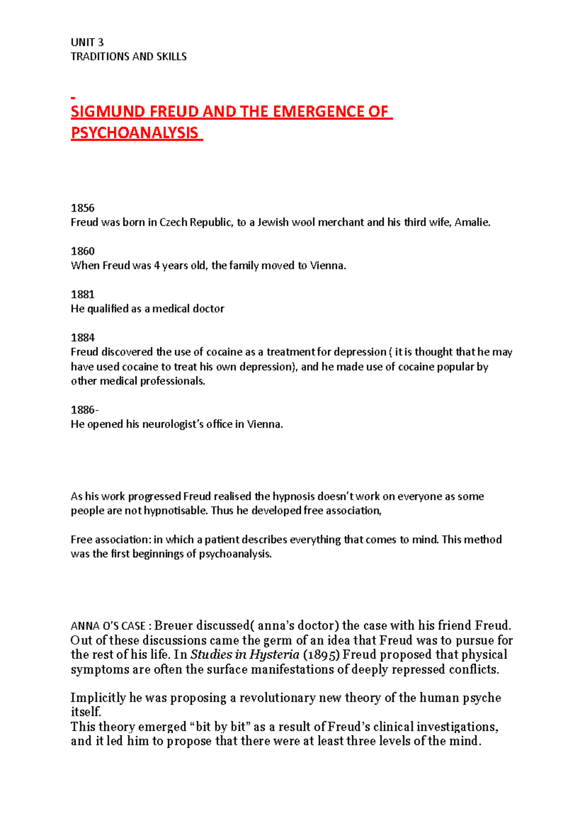 UNIT 3 - SIGMUND FREUD - ####### TRADITIONS AND SKILLS SIGMUND FREUD ...