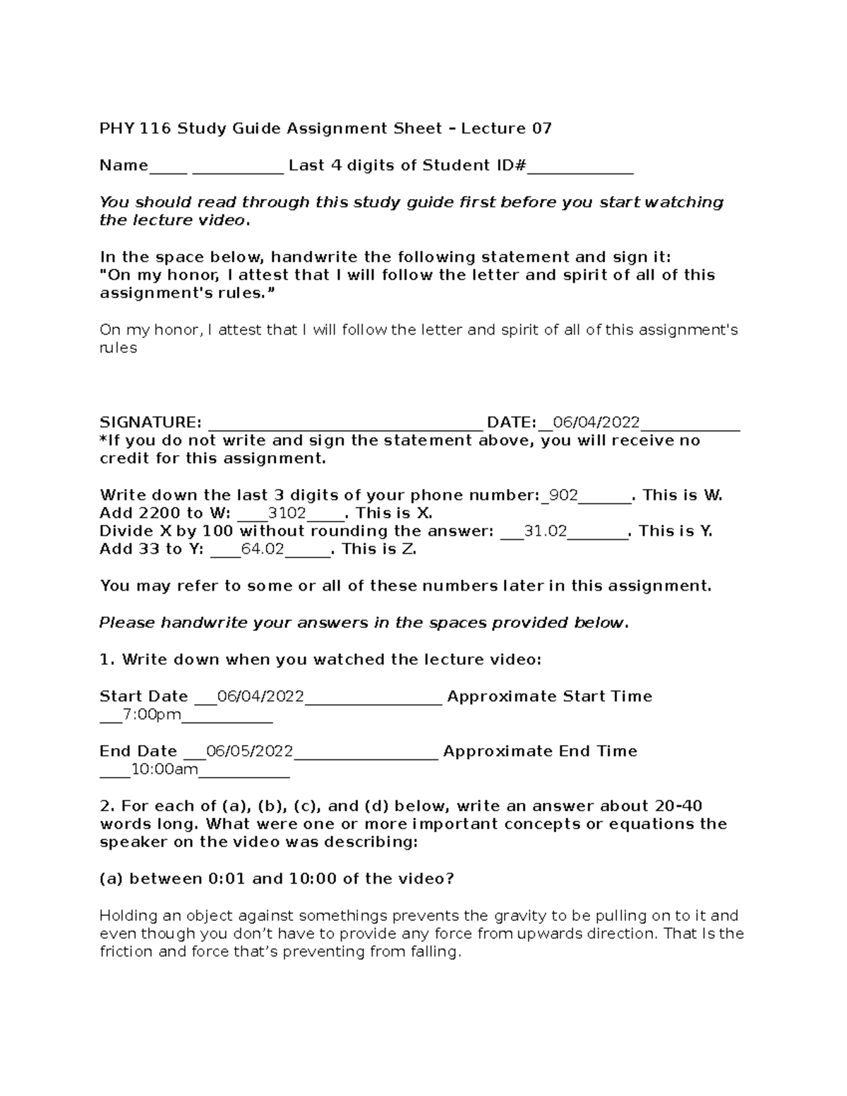 PHY 116 Study Guide 7 - weekly assignment prof LIU - PHY 116 Study ...