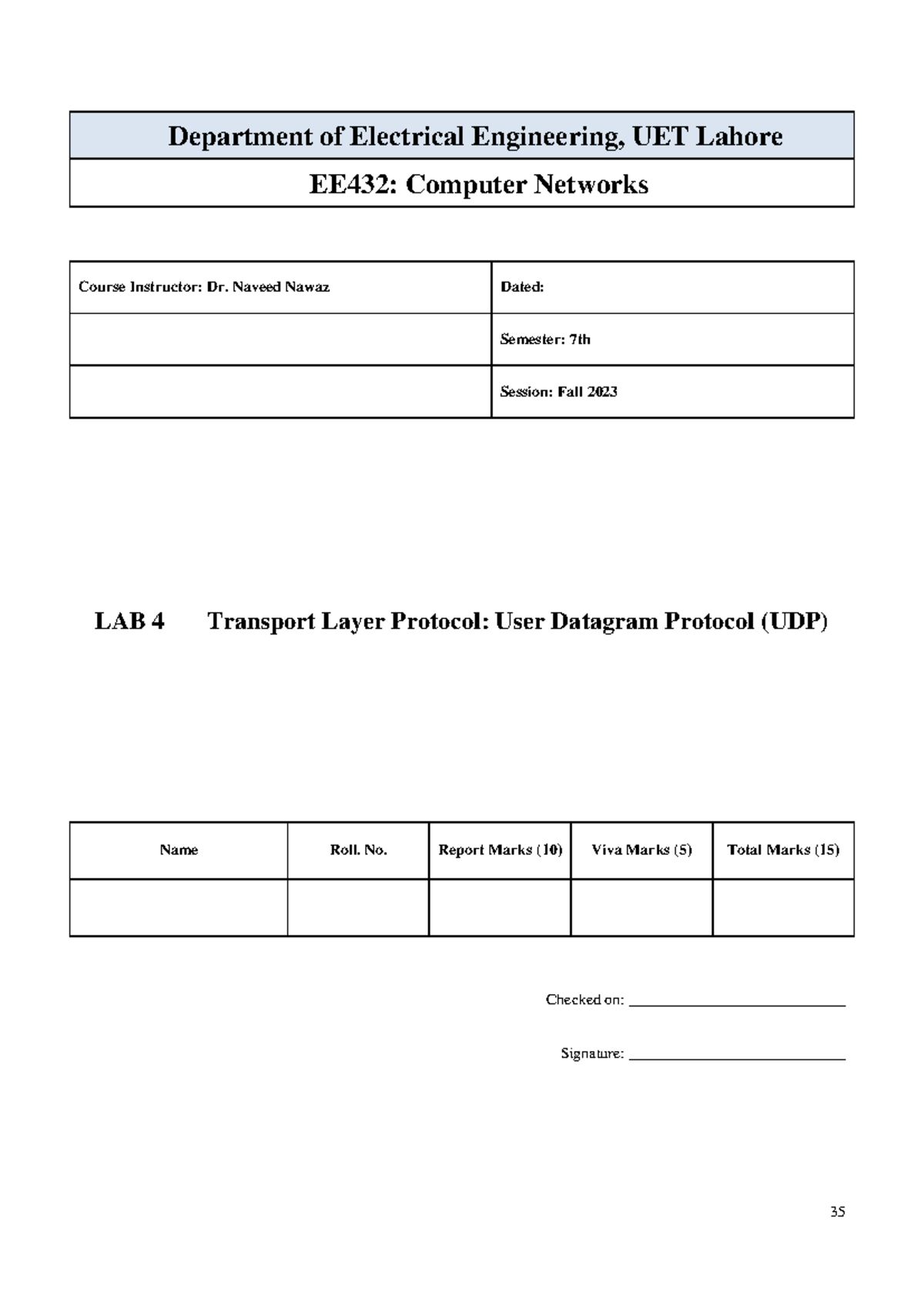 Lab 04 - lab4 - Department of Electrical Engineering, UET Lahore EE432: Computer Networks Course ...