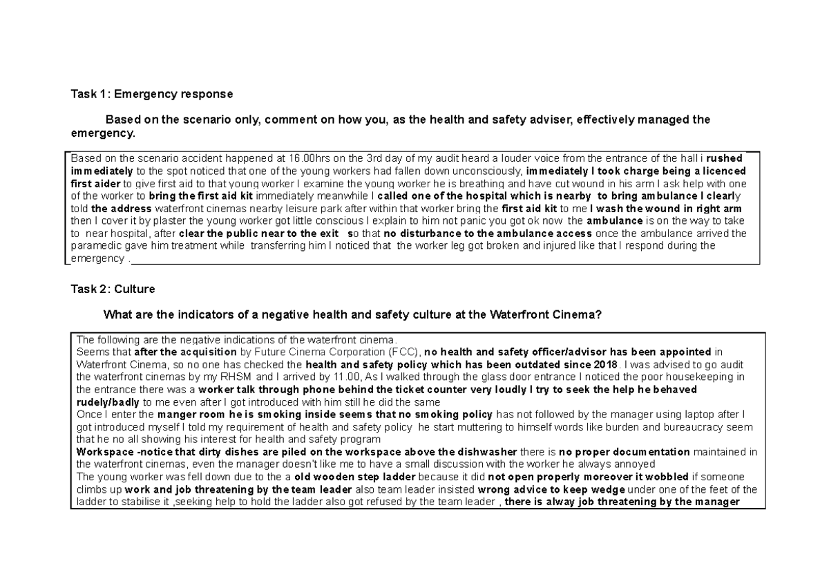 Safety sample workk - Task 1: Emergency response Based on the scenario ...