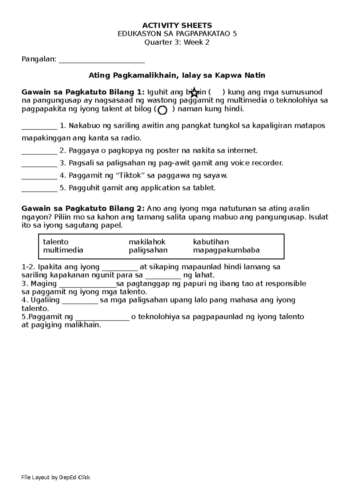 Science 5 Activity Sheets 3rd Quarter