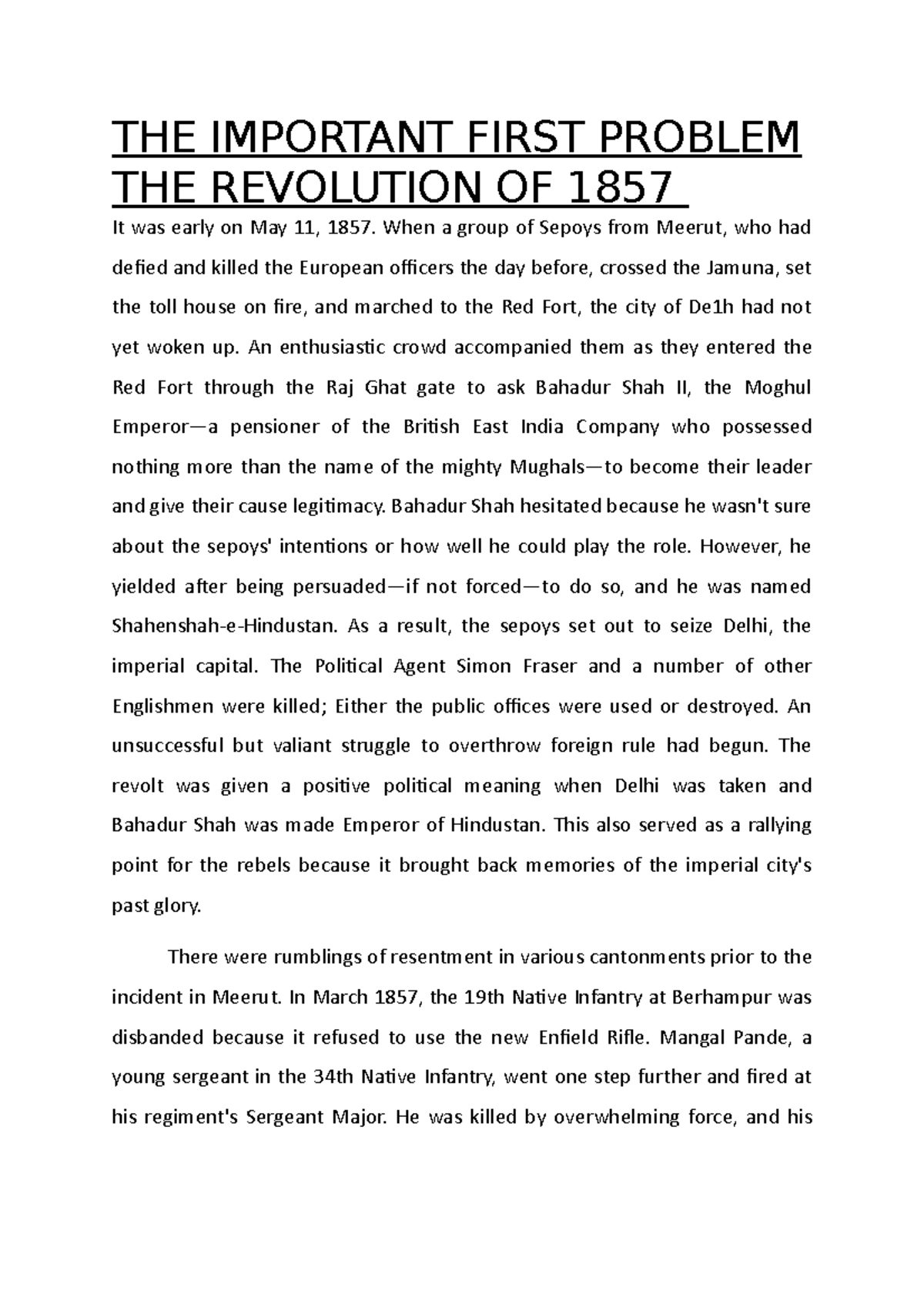 THE Important First Problem THE Revolution OF 1857 - THE IMPORTANT ...