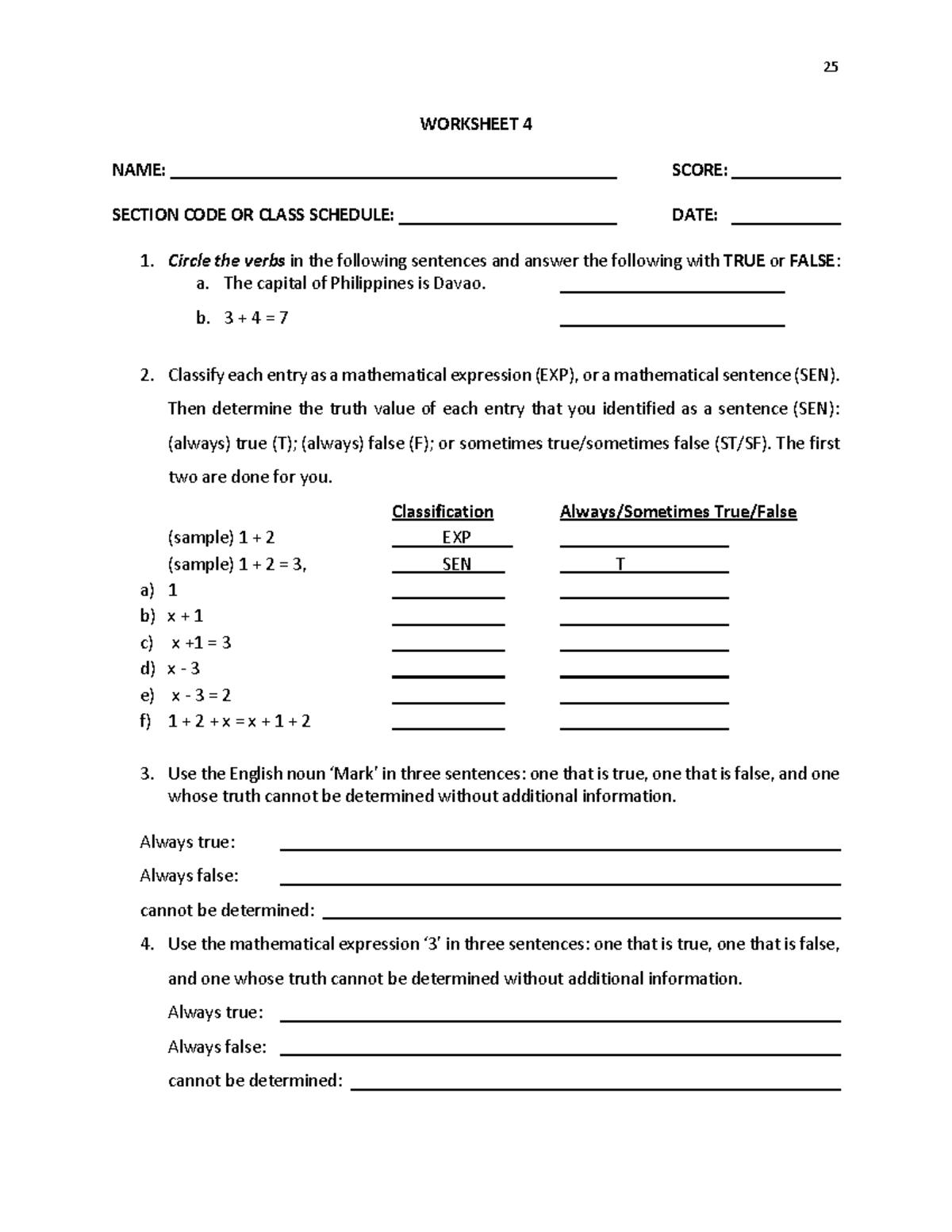 Jynilou Pinote - Chapter Worksheets (4 to 10)-2 - WORKSHEET 4 NAME: SCORE: SECTION CODE OR CLASS ...