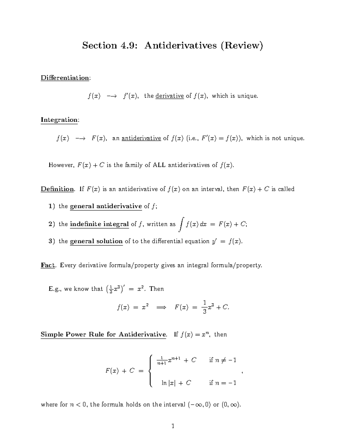 1730-Sec4.9-5 - Lecture Notes - Section 4: Antiderivatives (Review ...
