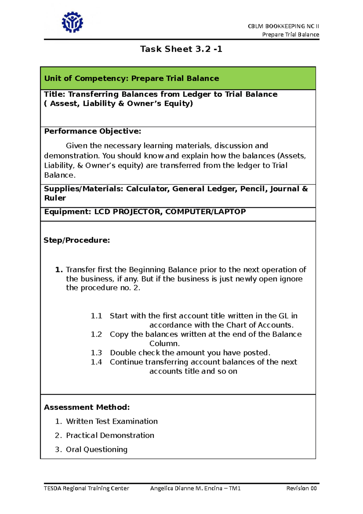 Encina TAsk Sheet BK LO2 1 - CBLM BOOKKEEPING NC II Prepare Trial Balance Task Sheet 3 - Unit of ...