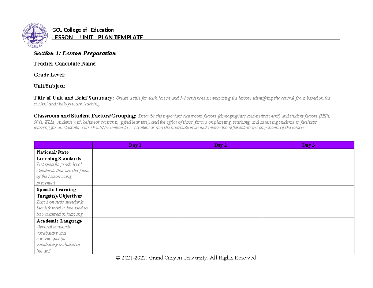 3-day unit plan template - Section 1: Lesson Preparation Teacher ...
