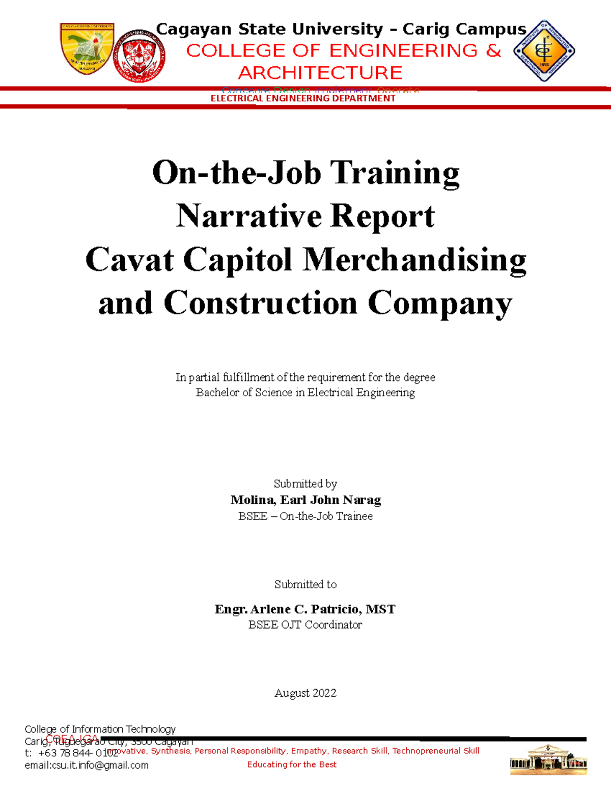 EARL JOHN Narrative Report - On-the-Job Training Narrative Report Cavat ...