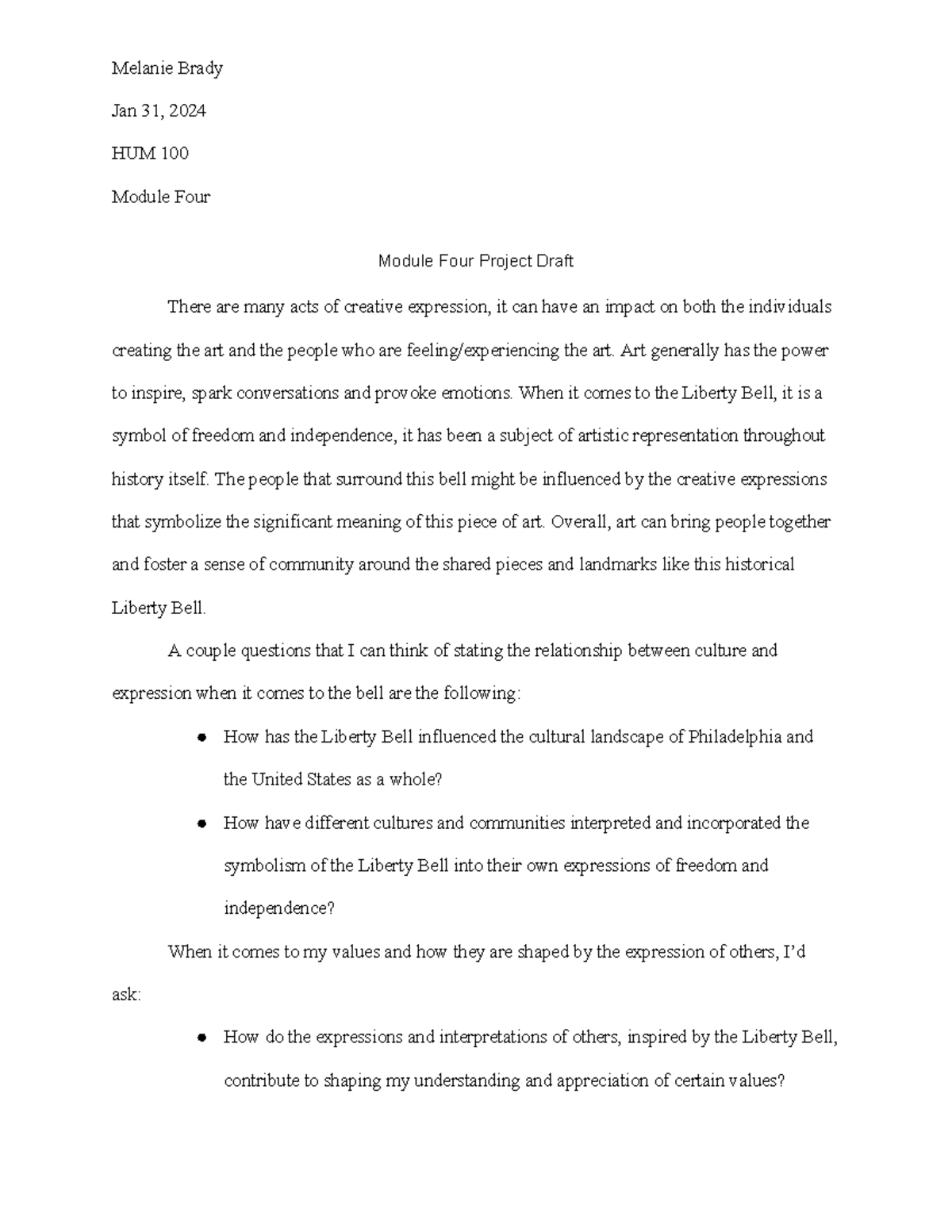 HUM 100 Module Four Project Draft - Melanie Brady Jan 31, 2024 HUM 100 ...