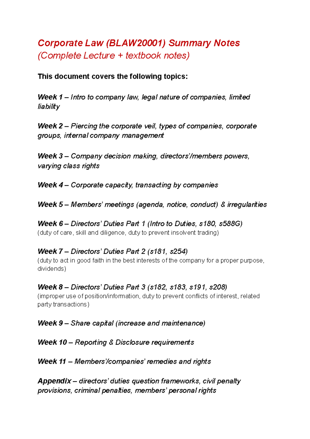 Corporate LAW LEC + TB Notes - Corporate Law (BLAW20001) Summary Notes ...