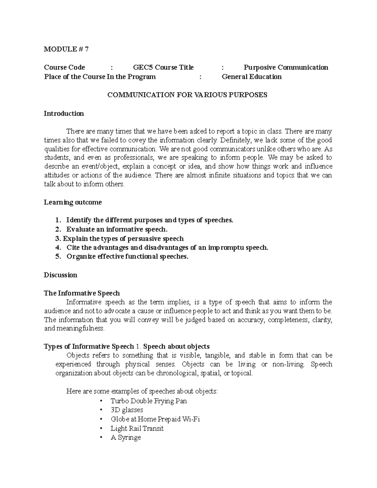 Module 7 Purposive Communication - MODULE # 7 Course Code : GEC5 Course ...