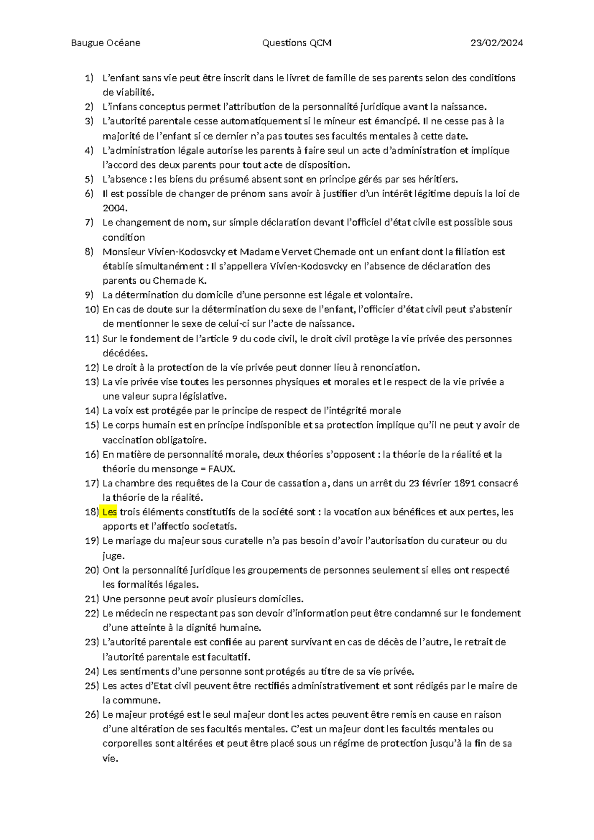 Questions susceptibles de tomber - Baugue Océane Questions QCM 23/02/ 1 ...