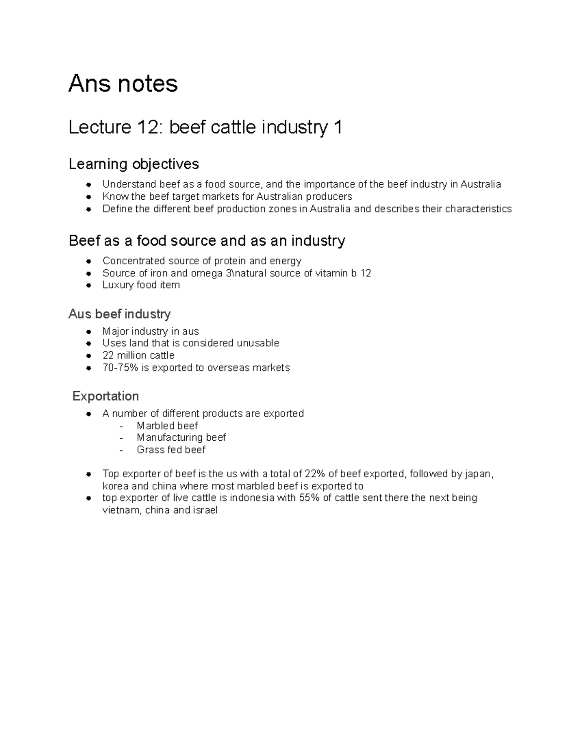 Ans notes - Ans notes Lecture 12: beef cattle industry 1 Learning ...