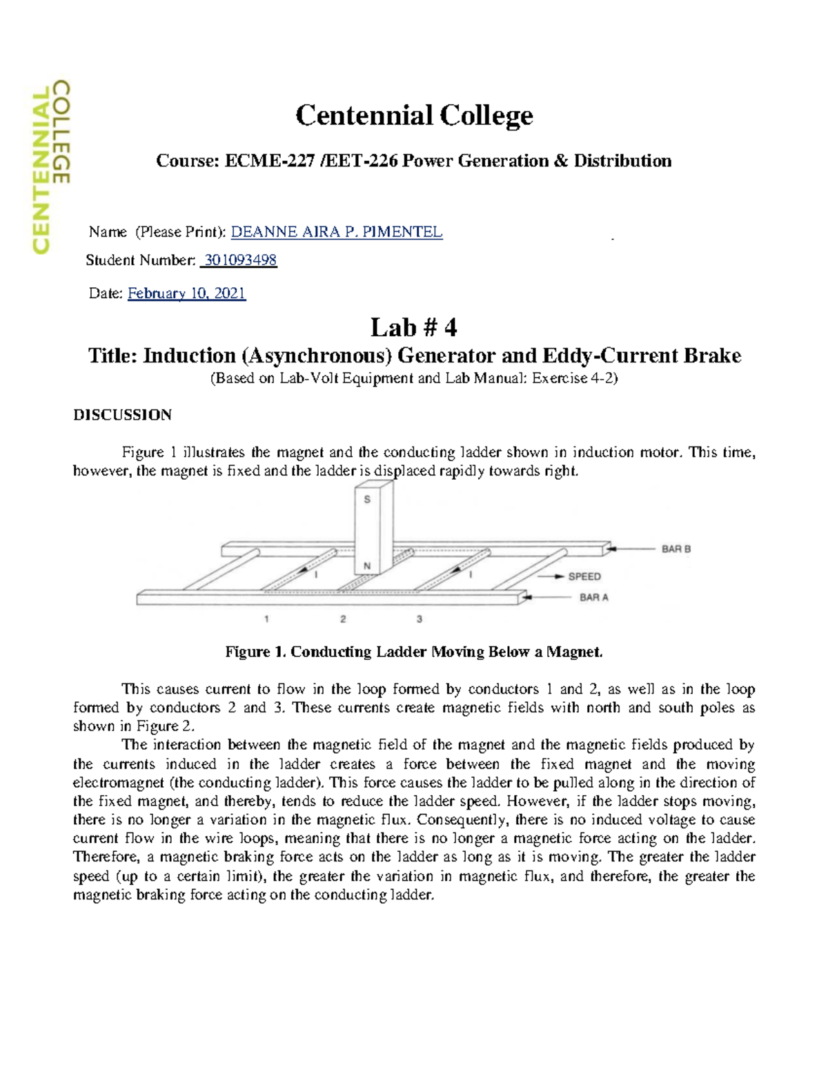EET-226 Lab # 4 induction generator - N Centennial College Course: ECME ...