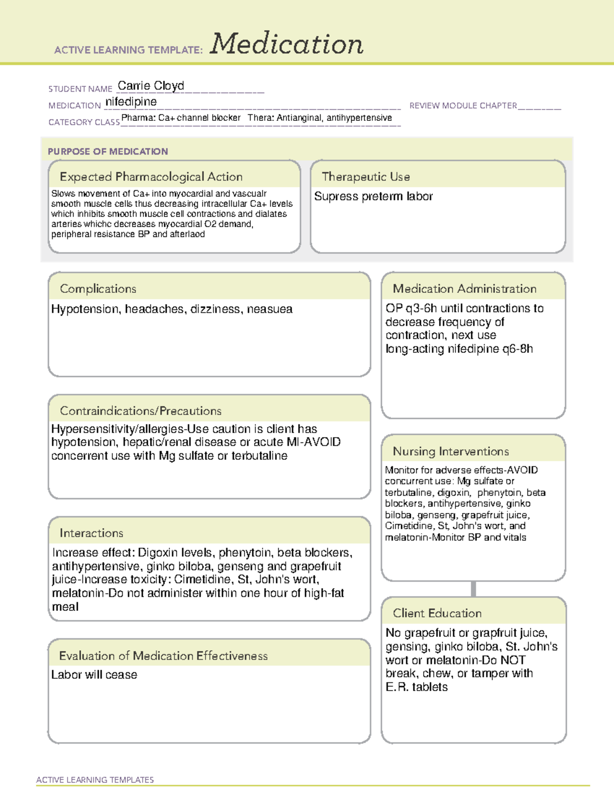 OB Medication Nifedipine - ACTIVE LEARNING TEMPLATES Medication STUDENT ...