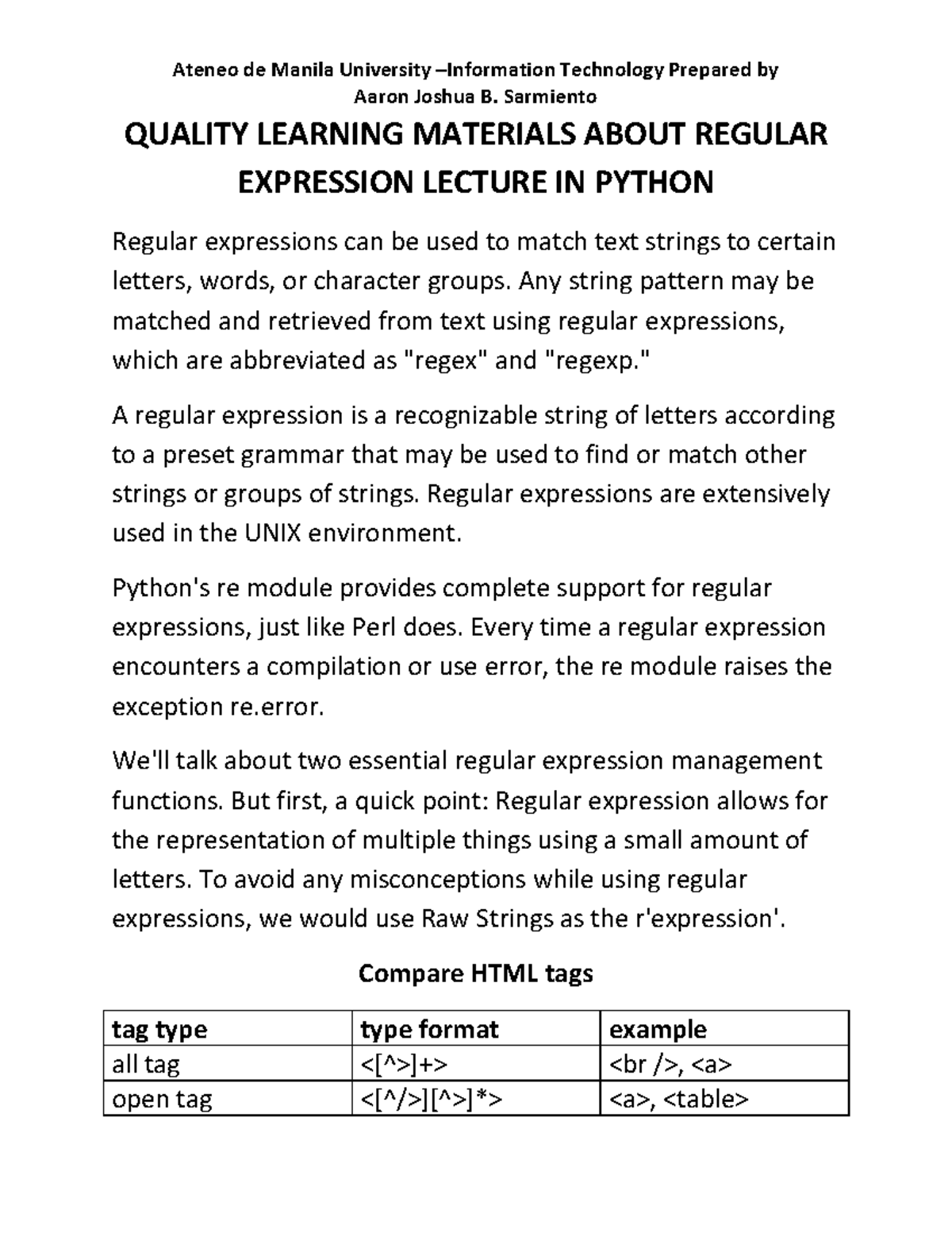 Quality Learning Materials About Regular Expression Lecture in Python - QUALITY LEARNING ...