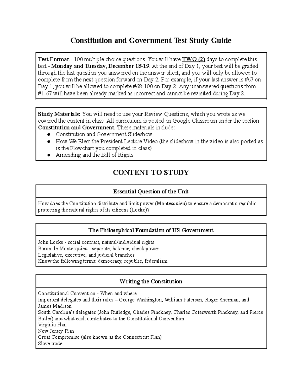 Constitution and Government Test Study Guide - You will have TWO (2 ...