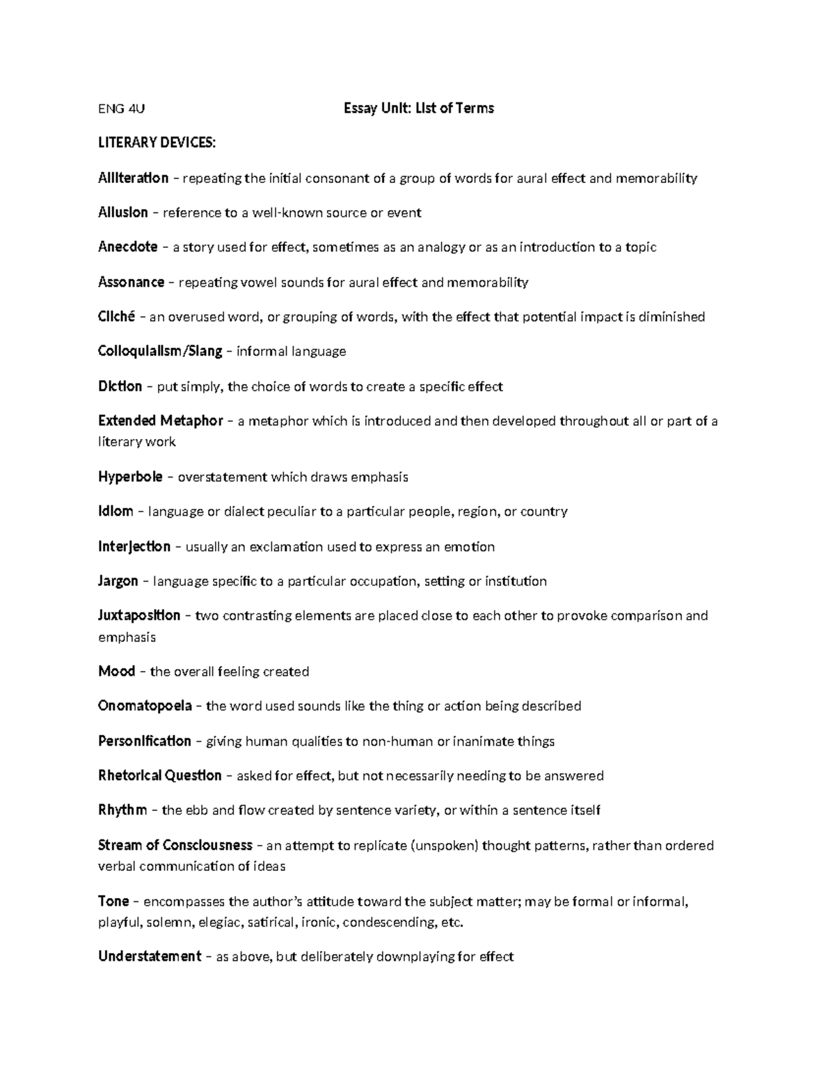 Rhetorical Devices Definitions - ENG 4U Essay Unit: List of Terms ...