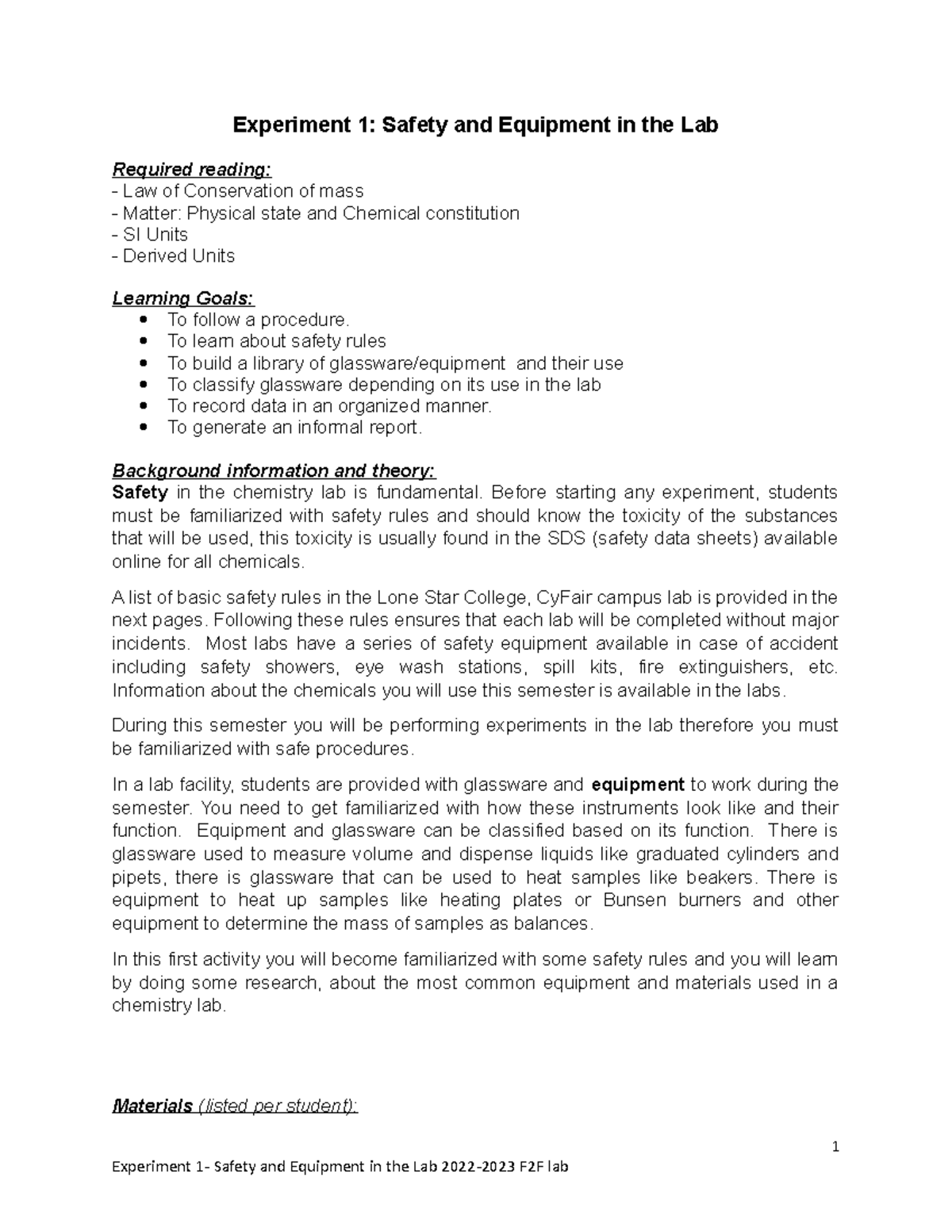 Experiment 1-Safety and Equipment in the Lab Fall 2022 F2F - Experiment ...