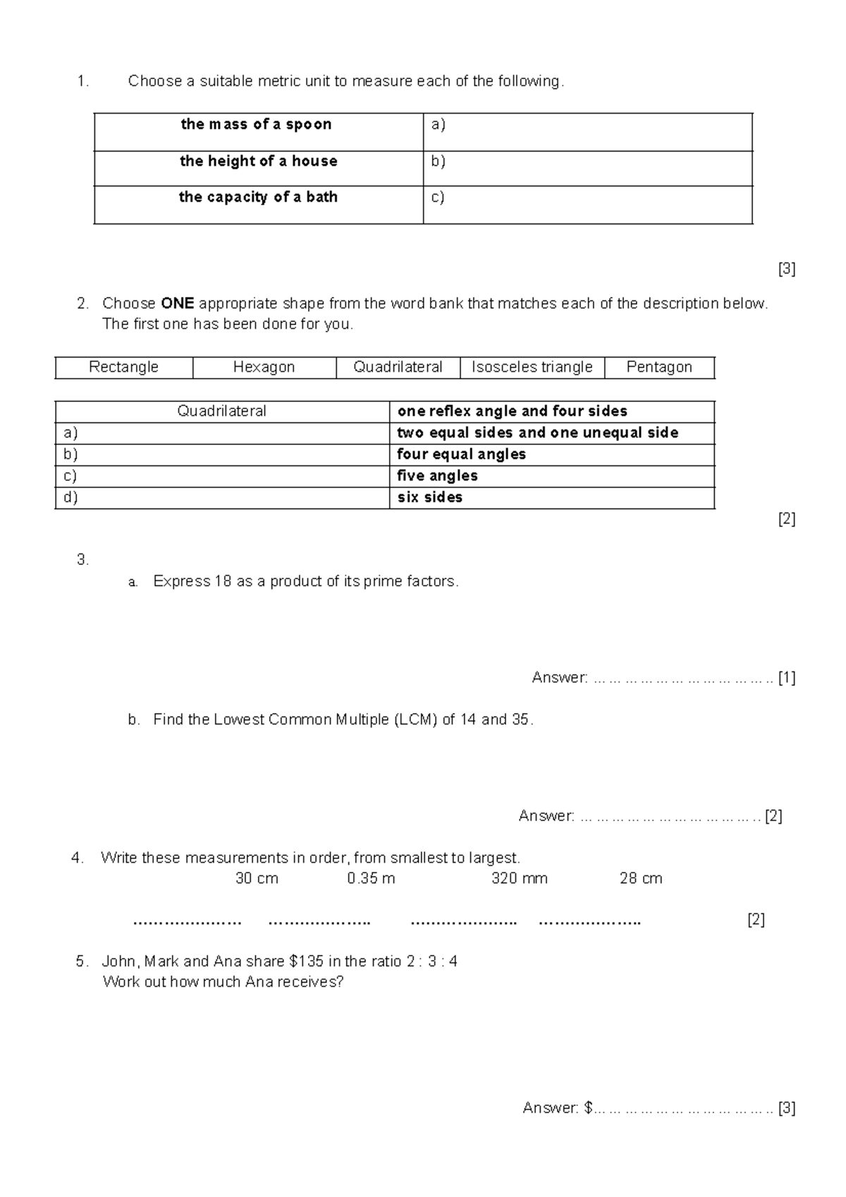 EXAM Style Question HW - very good help alot - 1. Choose a suitable ...