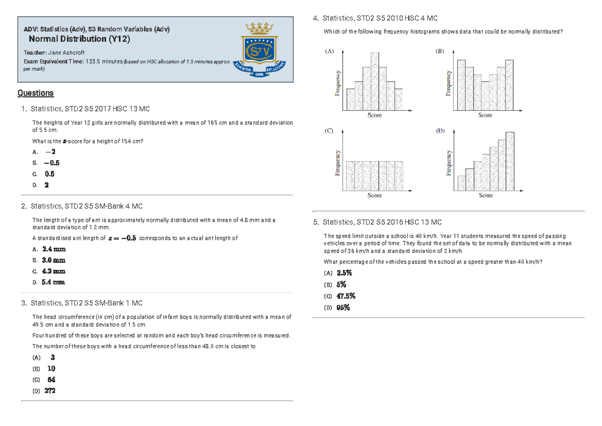 HSC questions Mathematics Advanced Normal Distribution - 1. Statistics ...