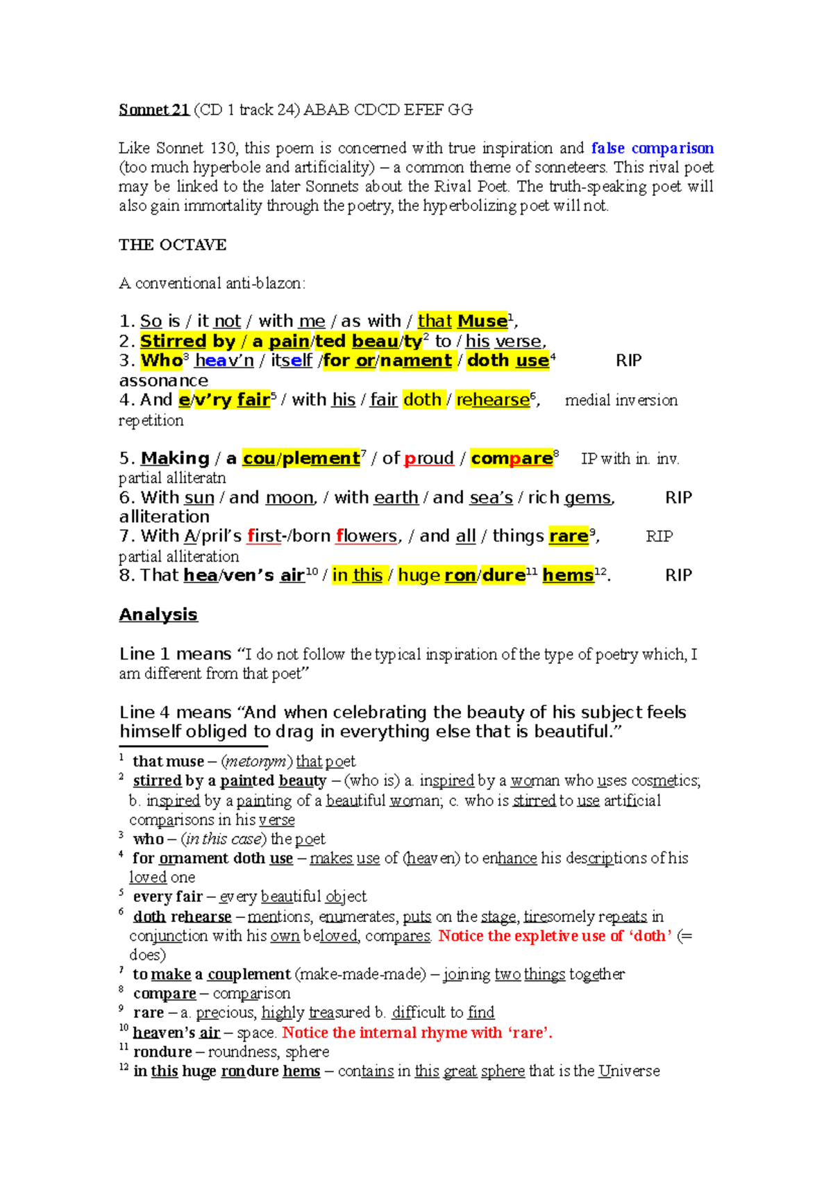 Sonnet 21 Shakespeare Mini Tutorial - Sonnet 21 (CD 1 track 24) ABAB ...