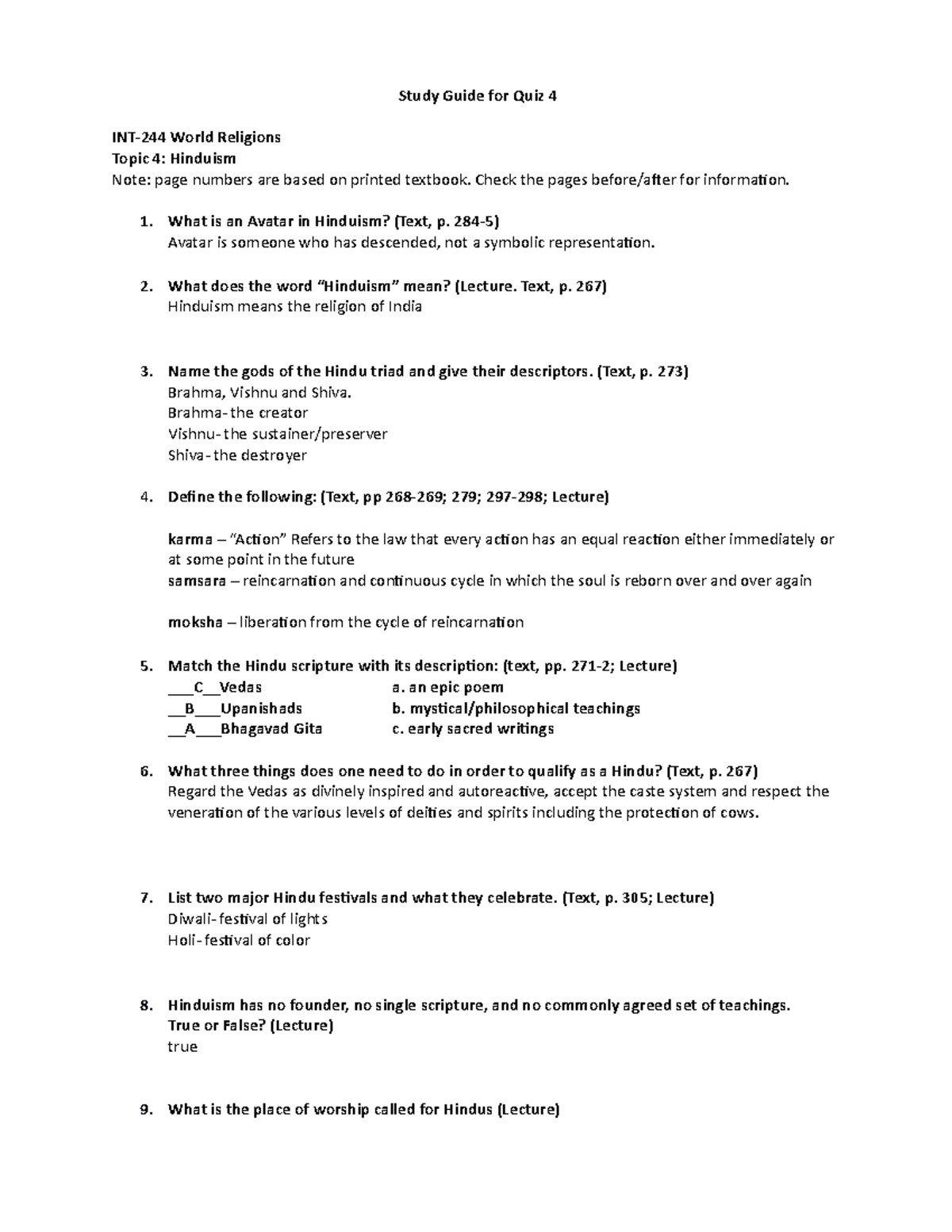 Hindu Study Guide - Study Guide for Quiz 4 INT-244 World Religions ...