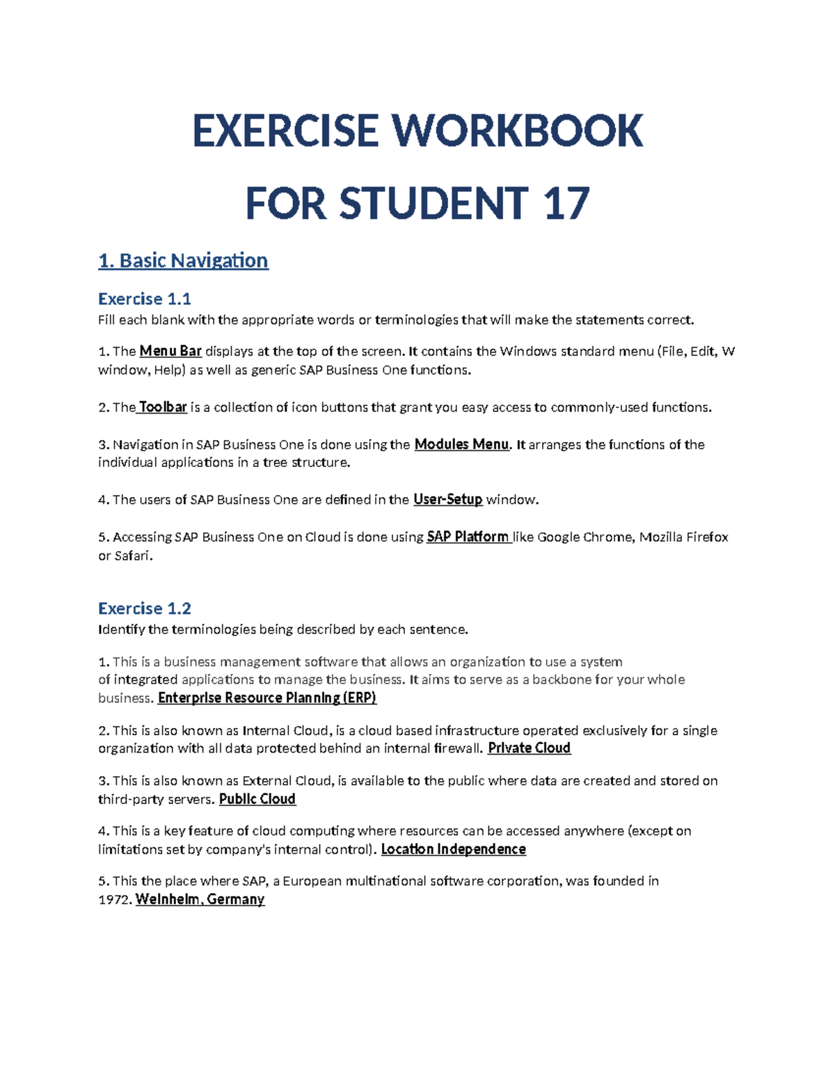 Exercise- Workbook - EXERCISE WORKBOOK FOR STUDENT 17 1. Basic ...