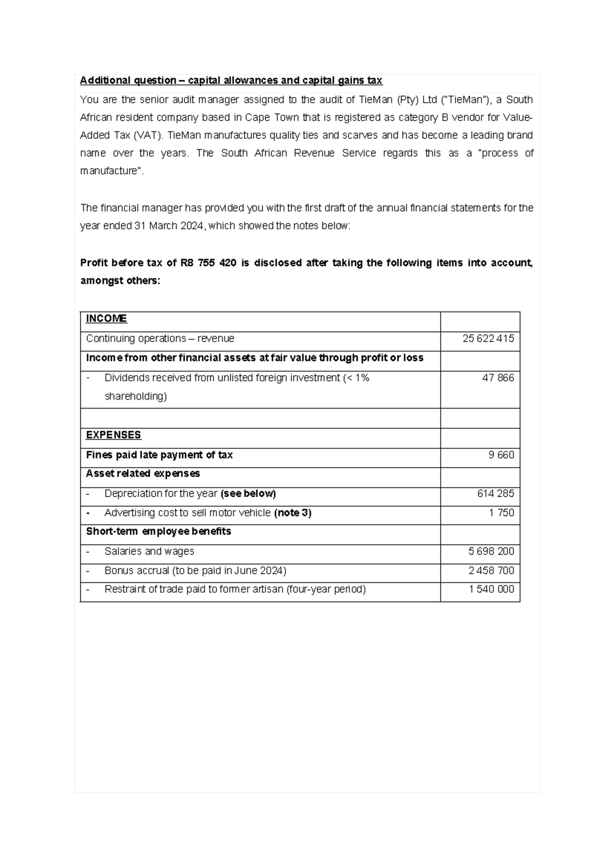 Additional question - CGT and capital allowances - Additional question ...