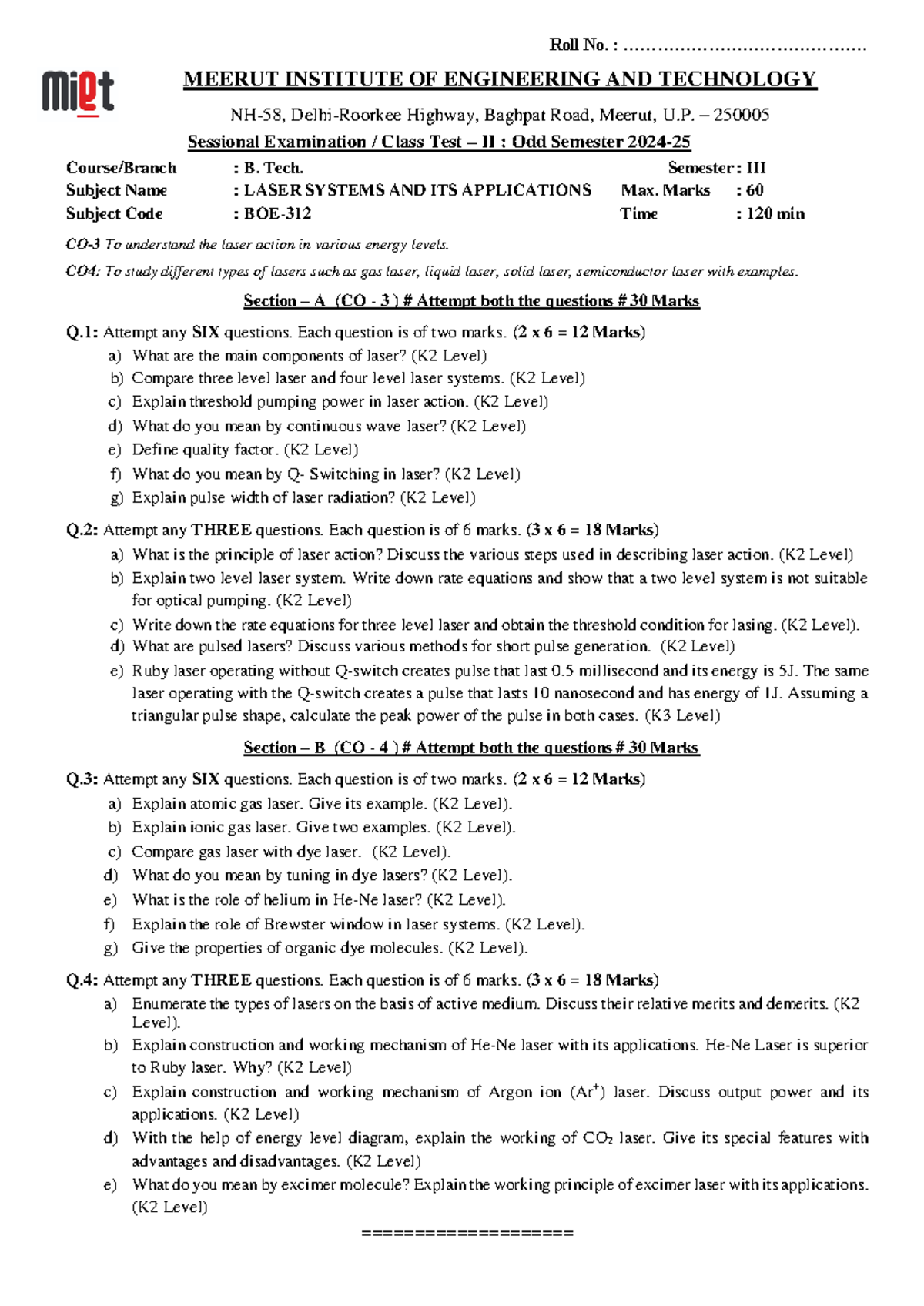 Laser Questions - Roll No. : ........................................... MEERUT INSTITUTE OF ...