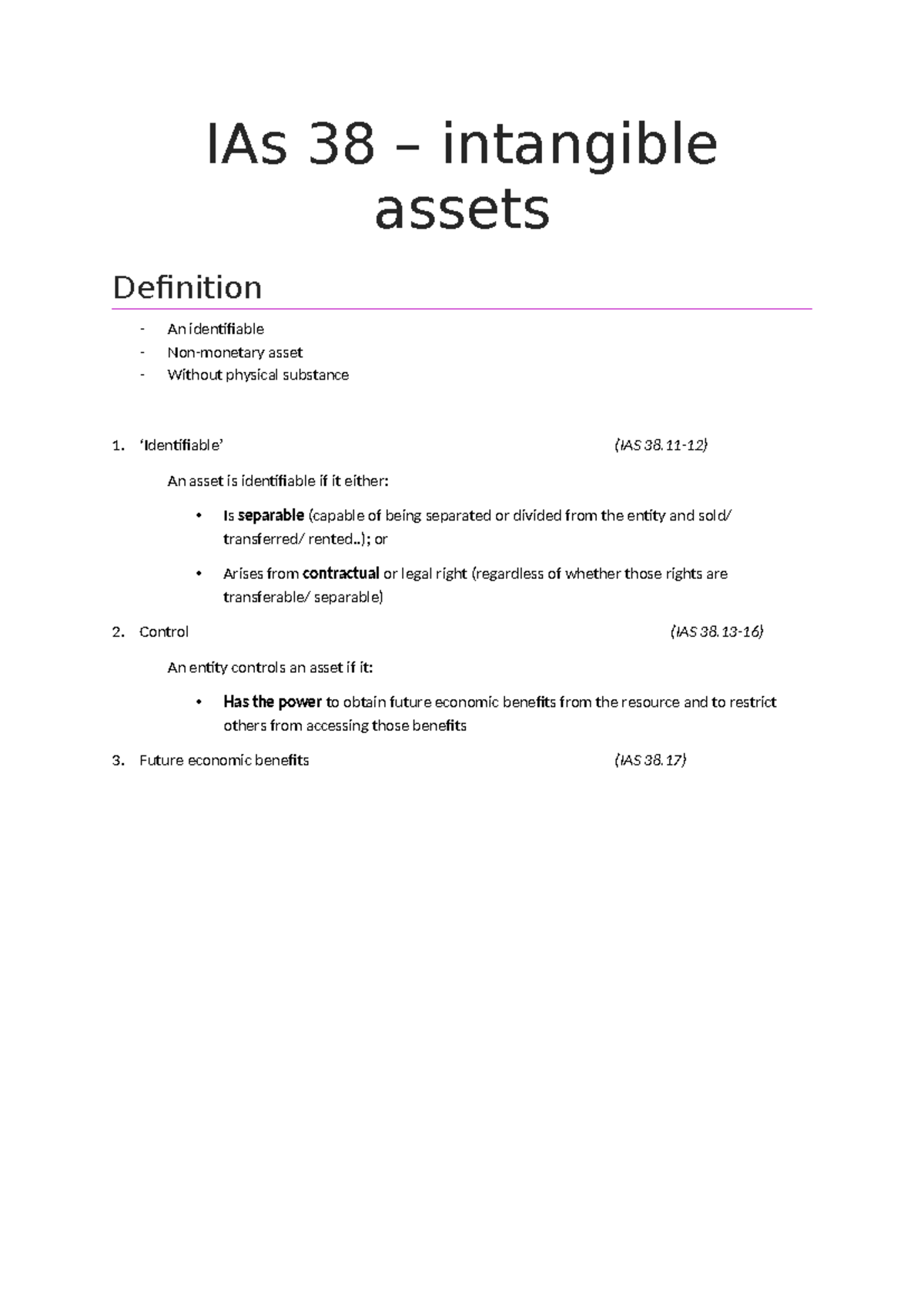 IAs 38 notes - Accounting - IAs 38 – intangible assets Definition - An ...