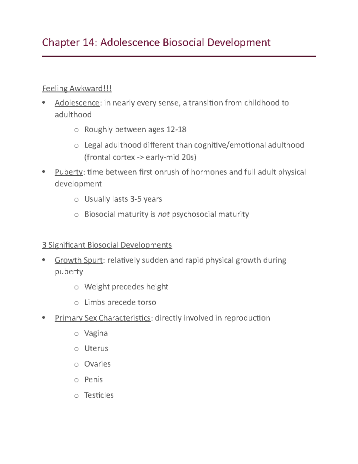 Chapter 14 - Chapter 14: Adolescence Biosocial Development Feeling ...