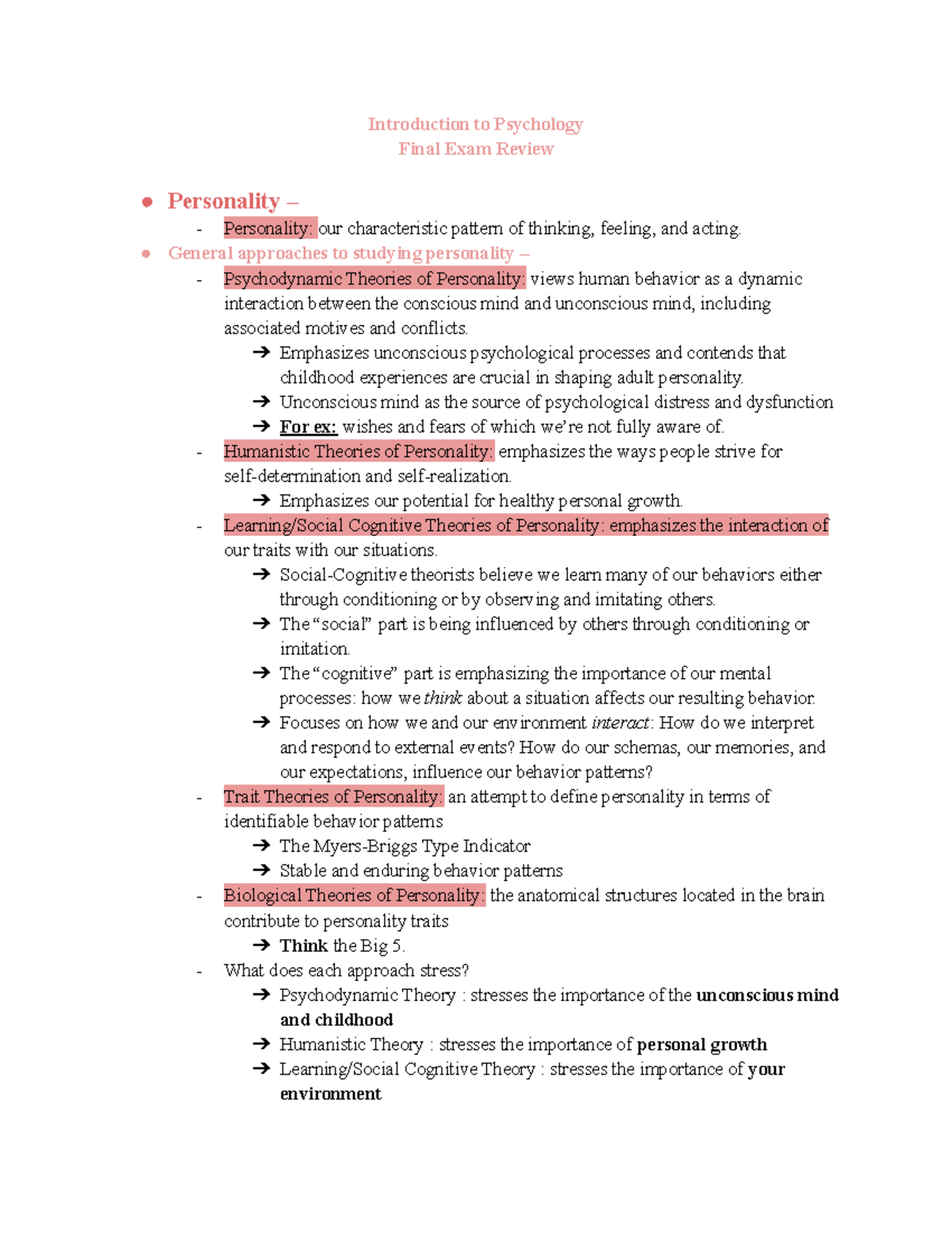 PSY 100 - Final Exam Review - PSY100 - UKY - Studocu
