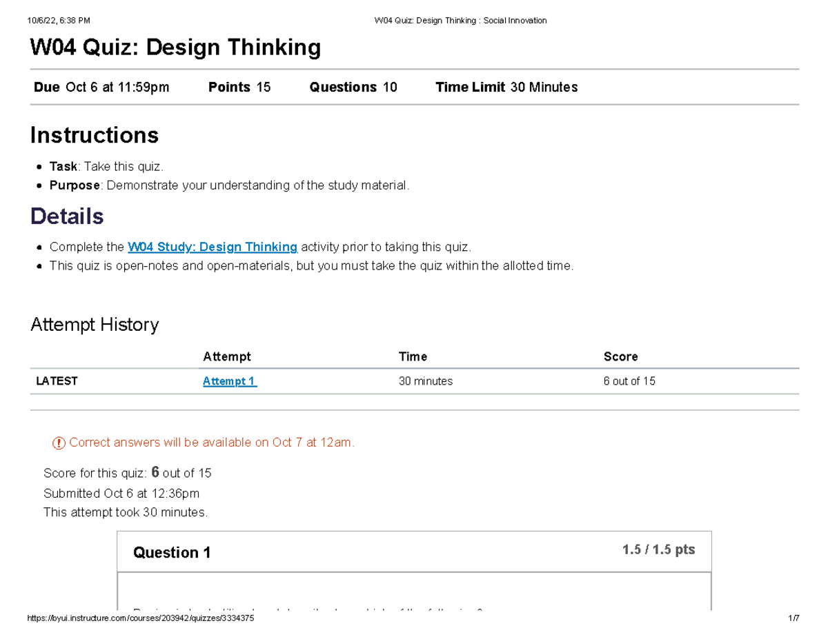 W04 Quiz Design Thinking Social Innovation - W04 Quiz: Design Thinking ...