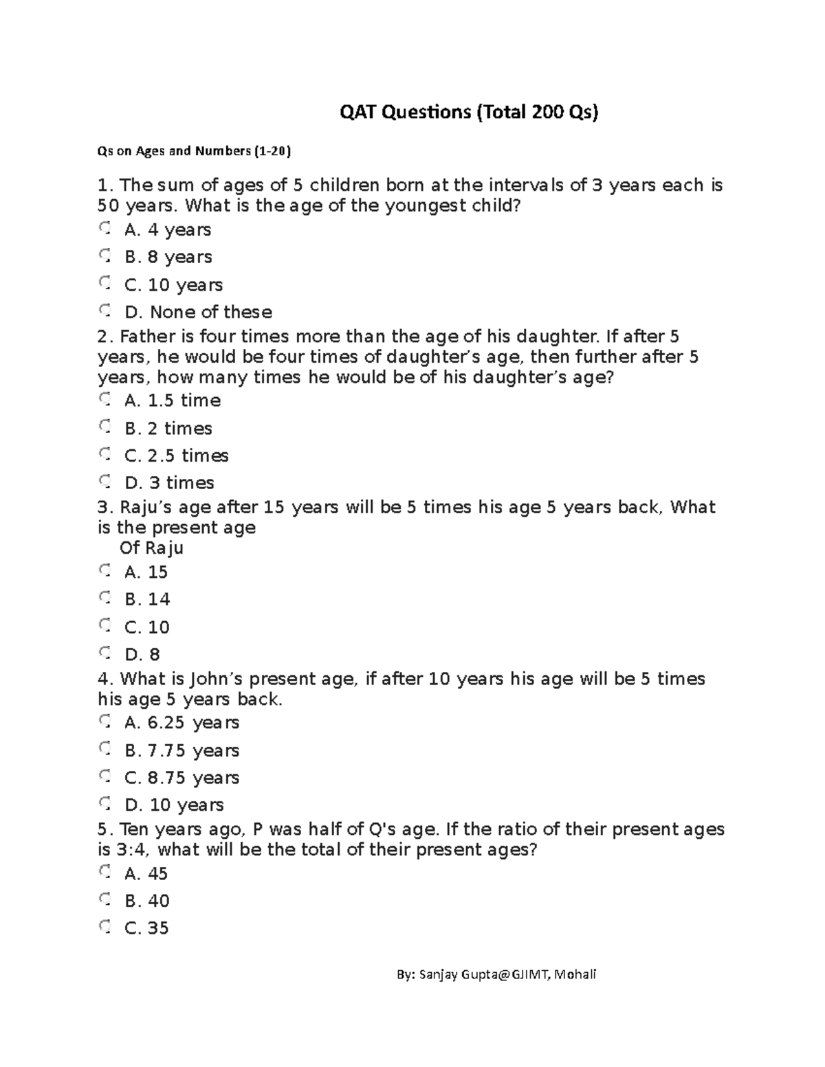 Aptitude Test For Placements QAT Questions Total 200 Qs Qs On Ages
