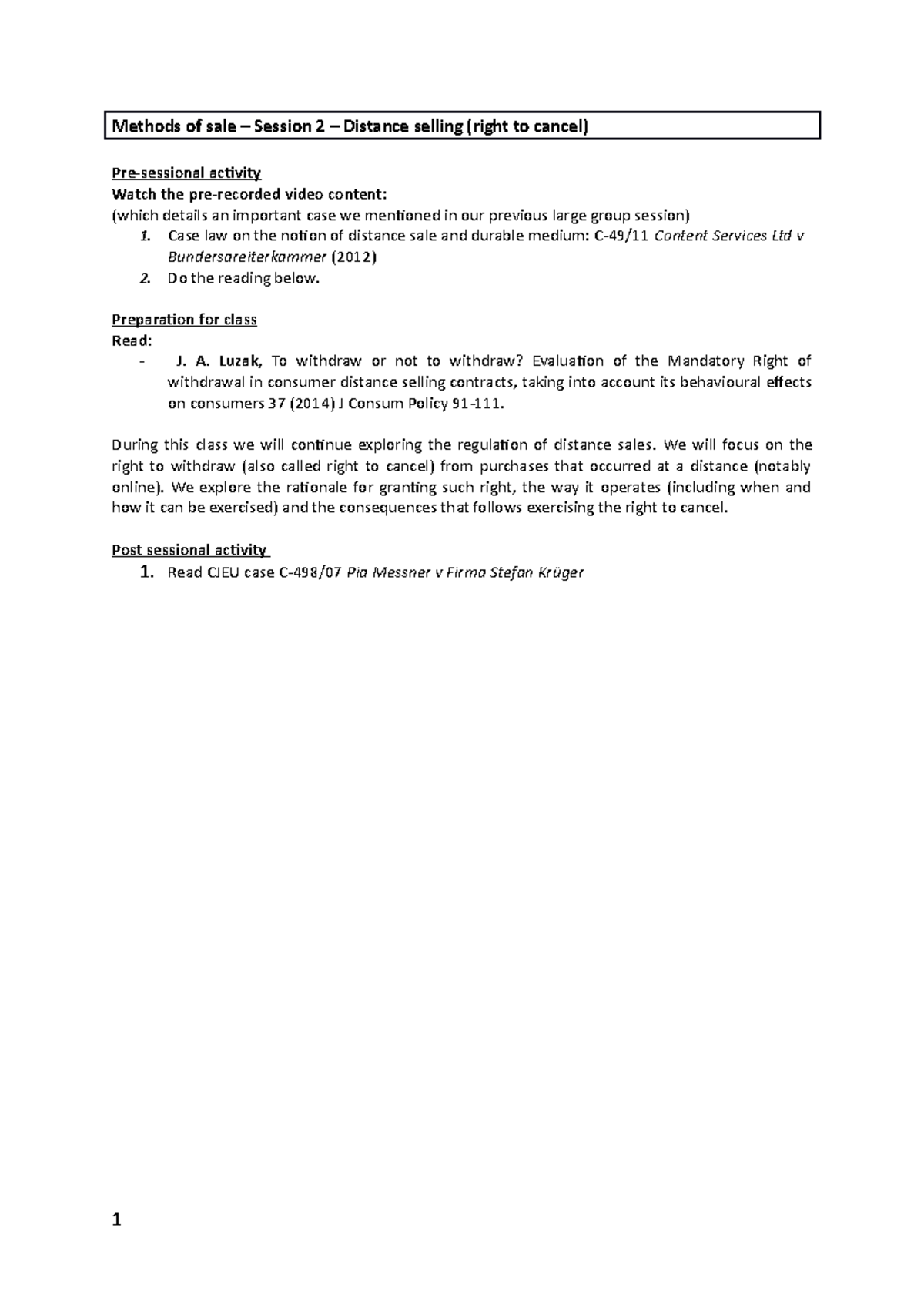 Student Handout Method of Sale Session - Methods of sale – Session 2 ...