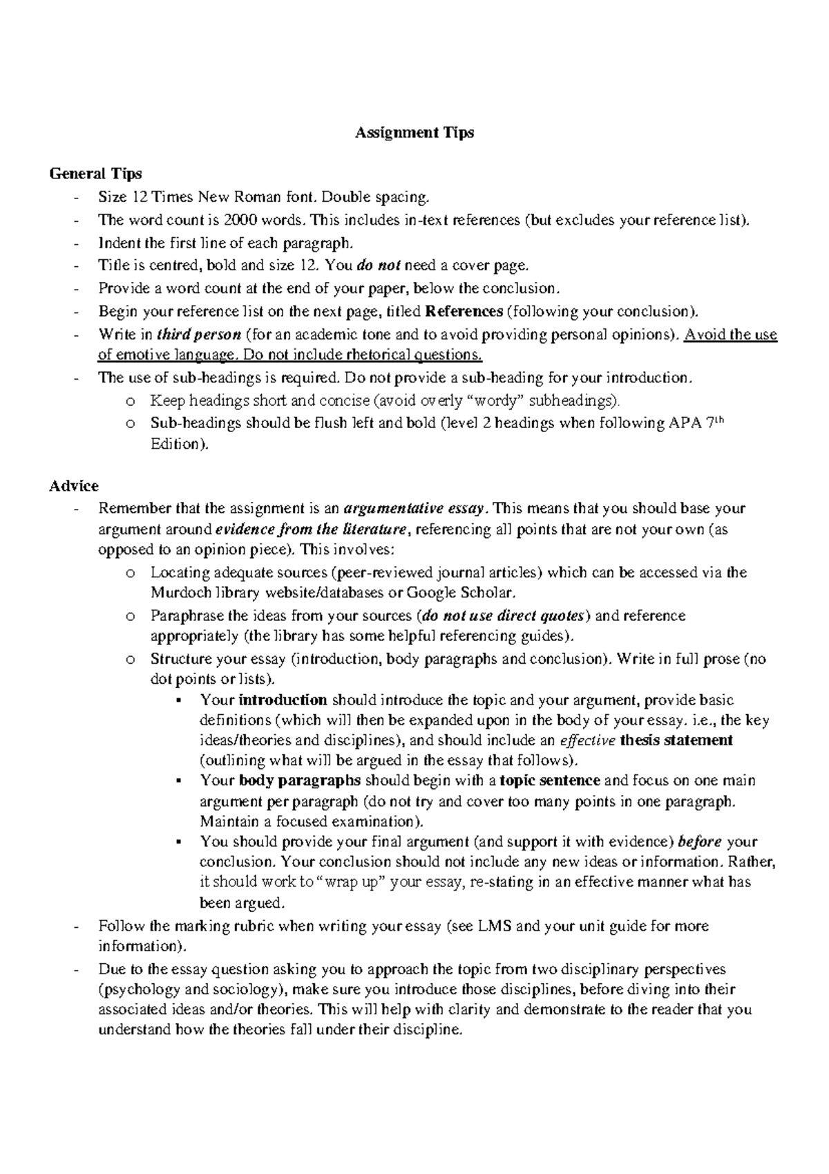 Assignment Information 2023 - Assignment Tips General Tips Size 12 ...