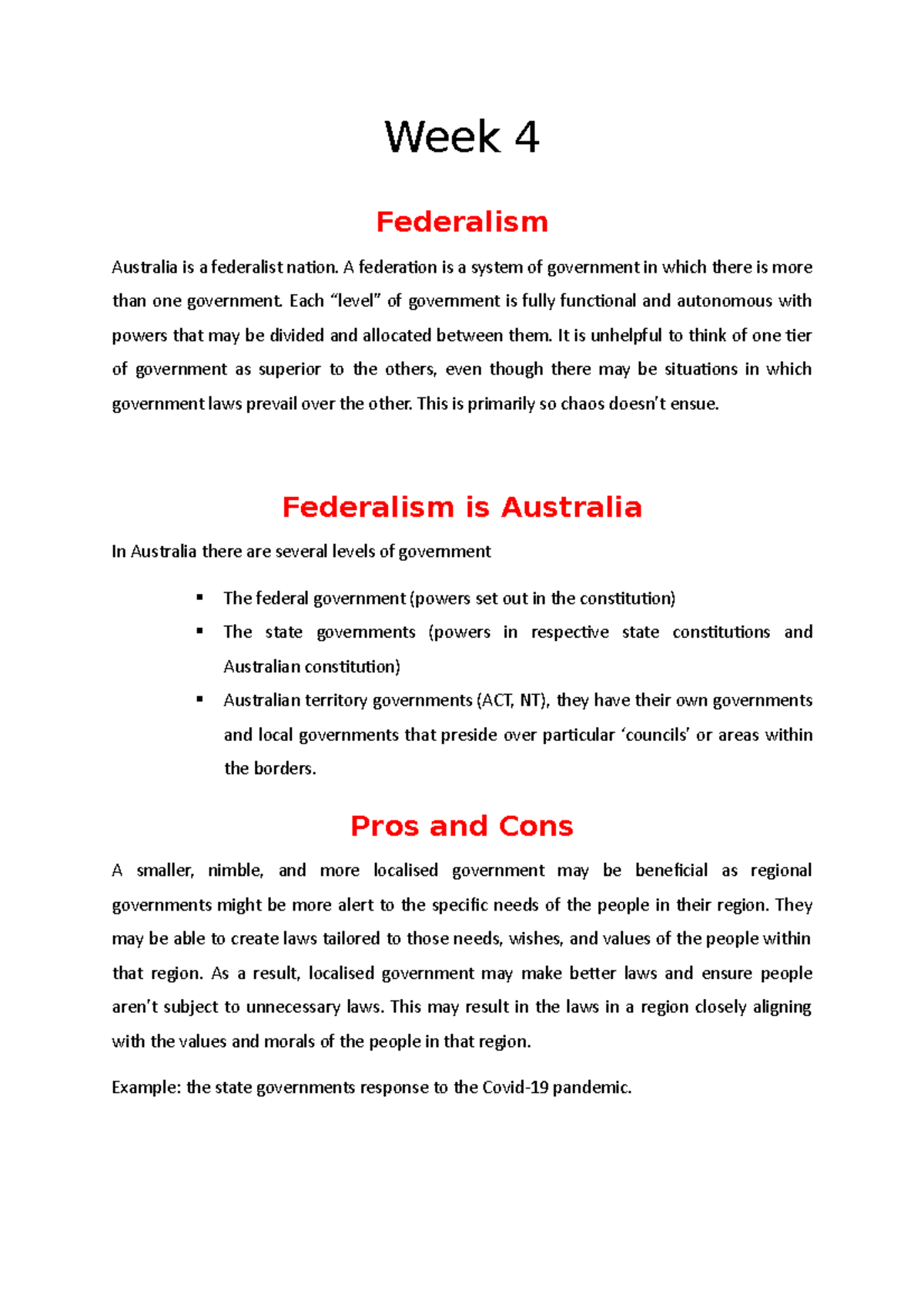 Week 4 Federalism - Week 4 Federalism Australia is a federalist nation ...