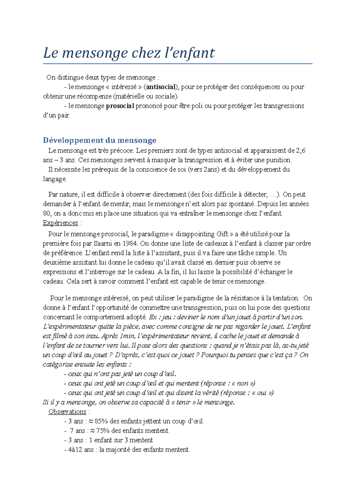 7 Le mensonge chez lenfant - Le mensonge chez l’enfant On distingue ...