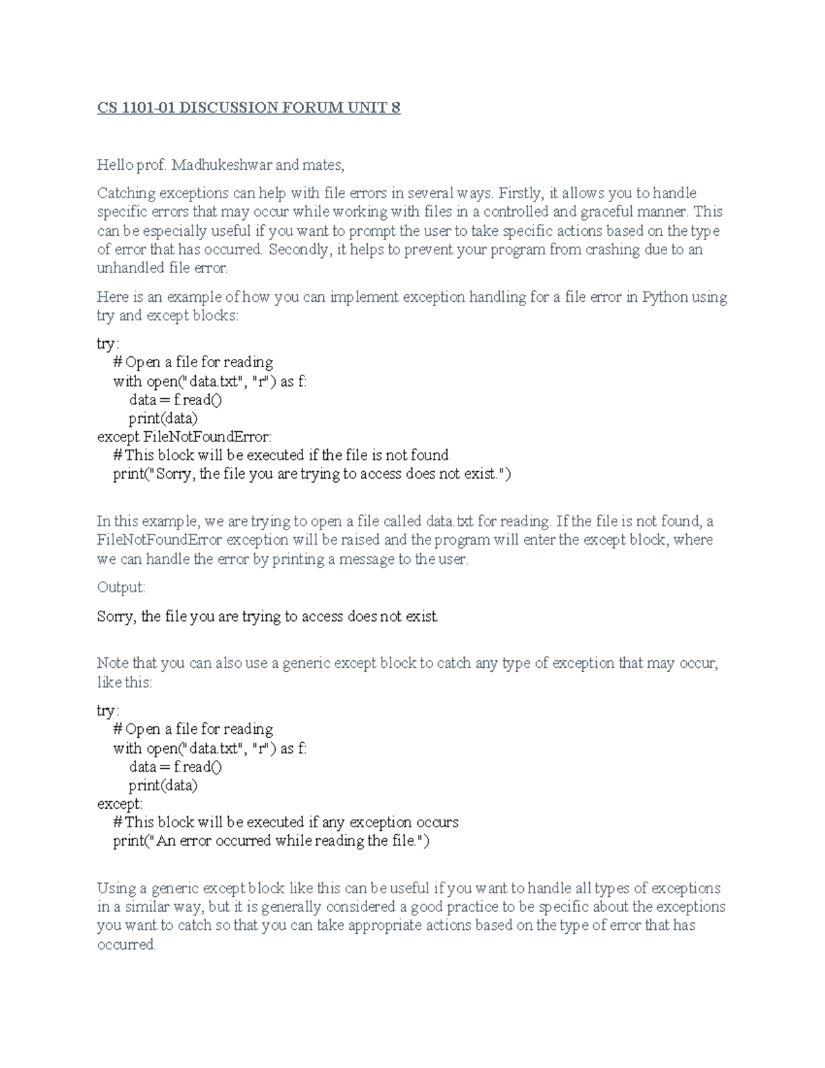 CS 1101-01 UNIT DF - DFN - CS 1101-01 DISCUSSION FORUM UNIT 8 Hello ...