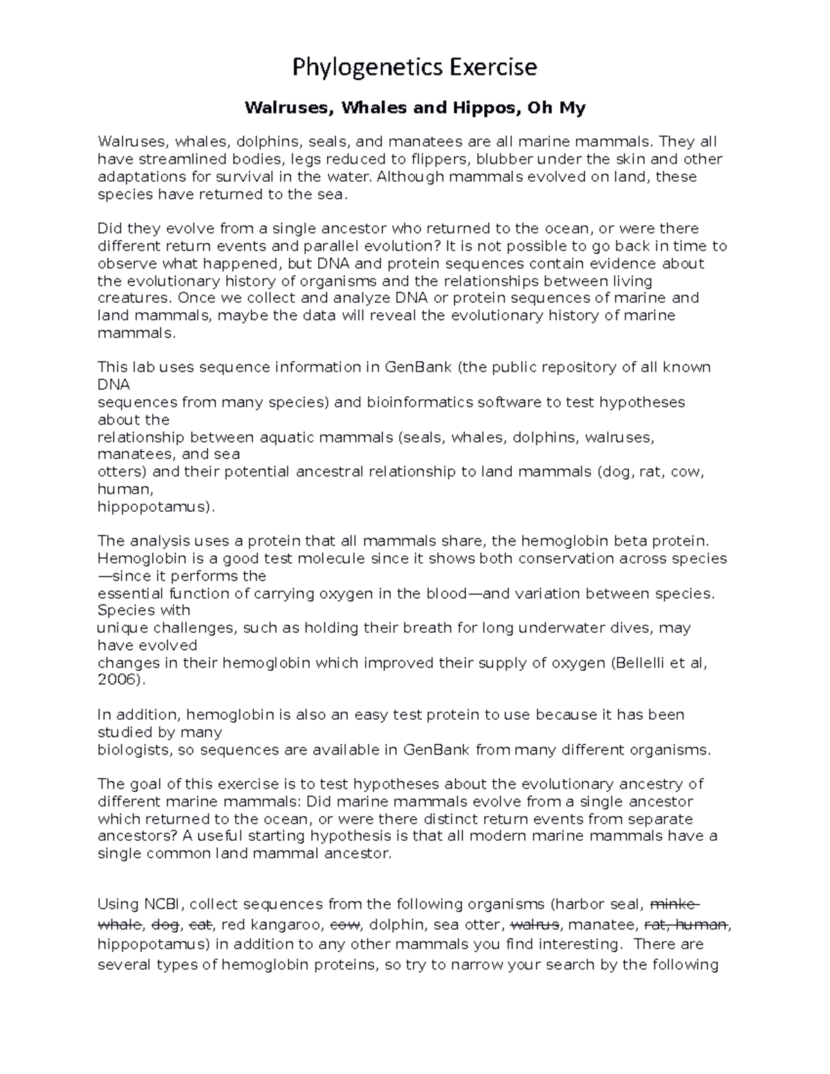 FUNphylogenetics exercise - Phylogenetics Exercise Walruses, Whales and Hippos, Oh My Walruses ...