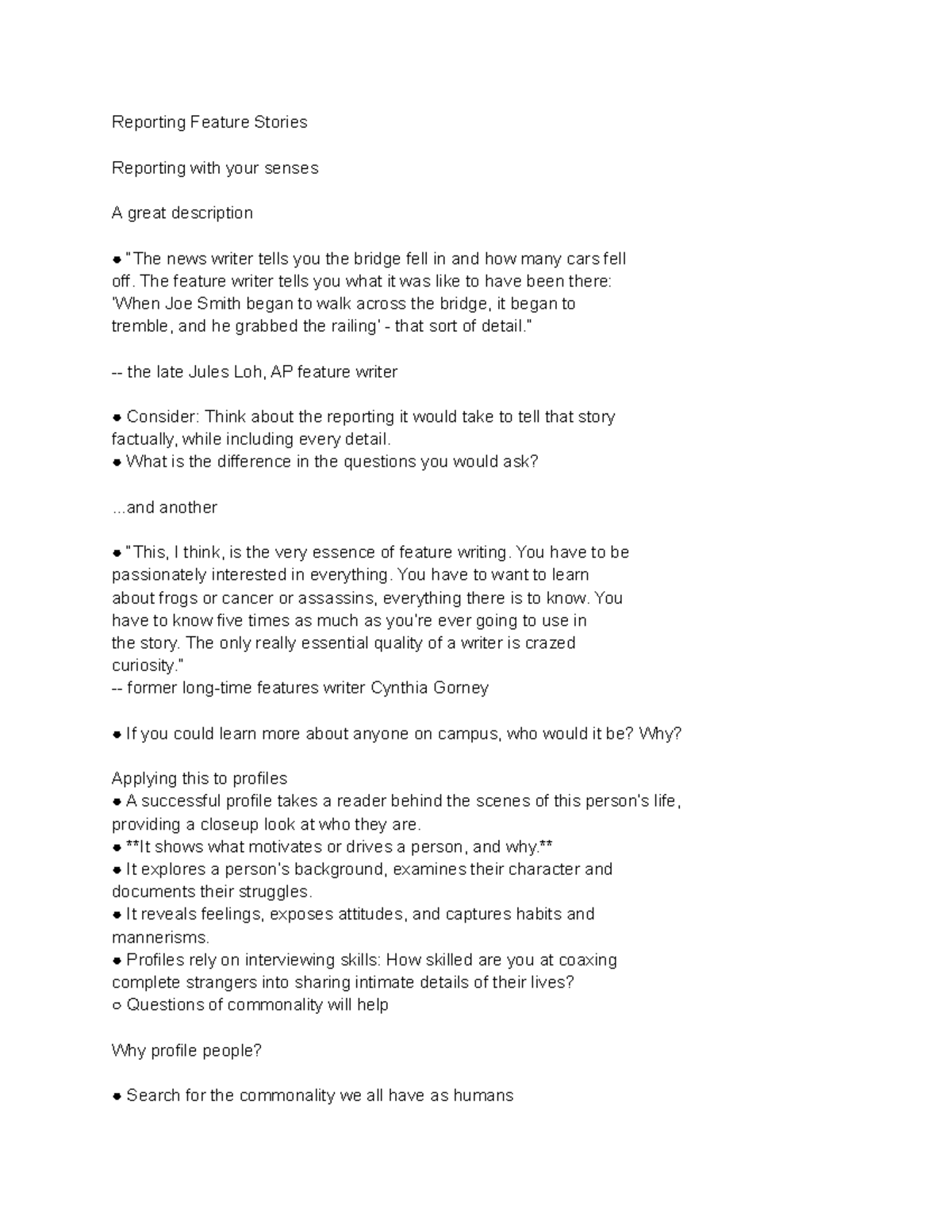 Reporting Feature Stories Reporting with your senses - The feature ...