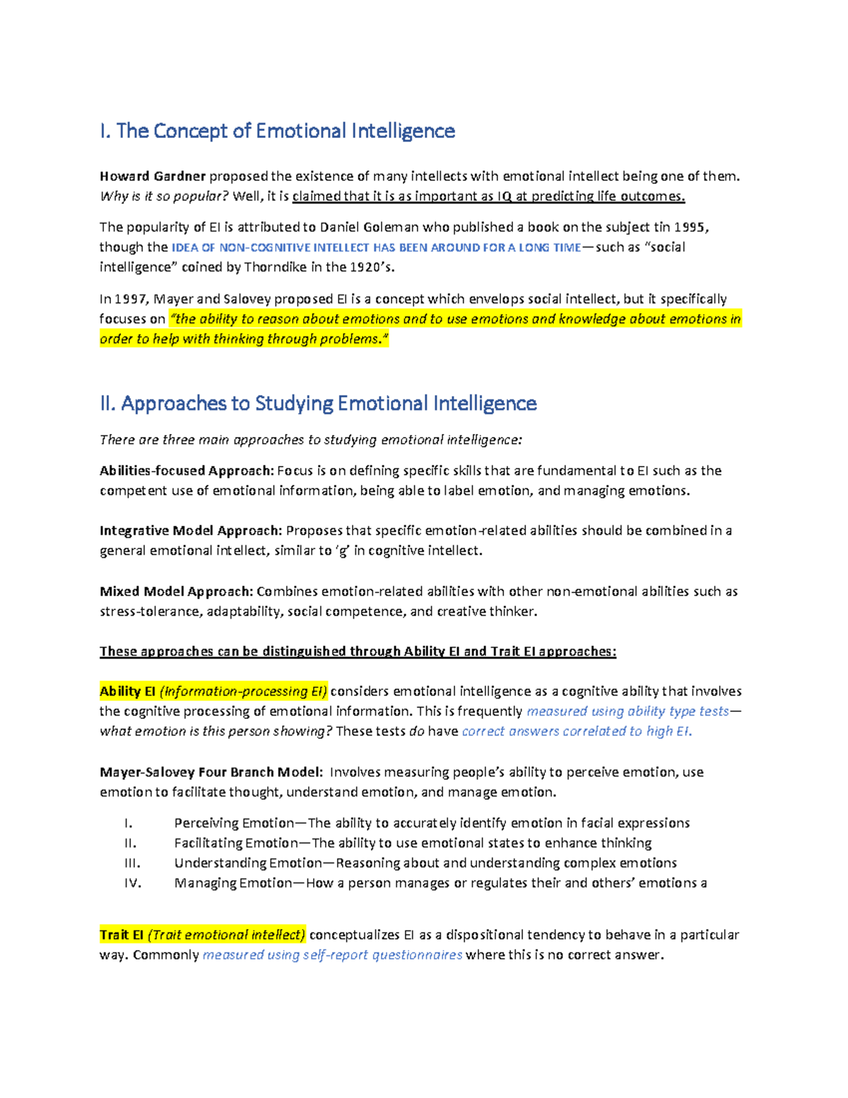 Week 15 Notes Emotional Intelligence - I. The Concept of Emotional ...