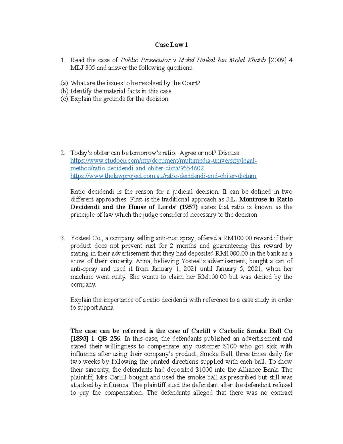 Tutorial 9 Case Law 1 - Legal Method - MMU - Studocu