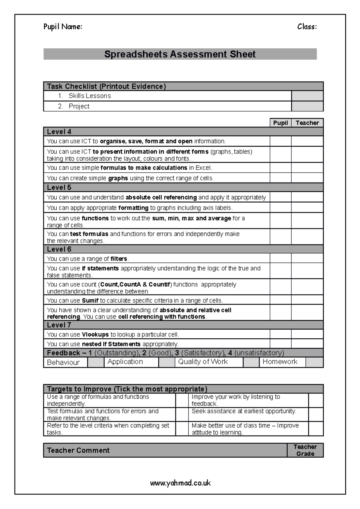 Student tracking sheet - spreadsheets - Pupil Name: Class: Spreadsheets ...